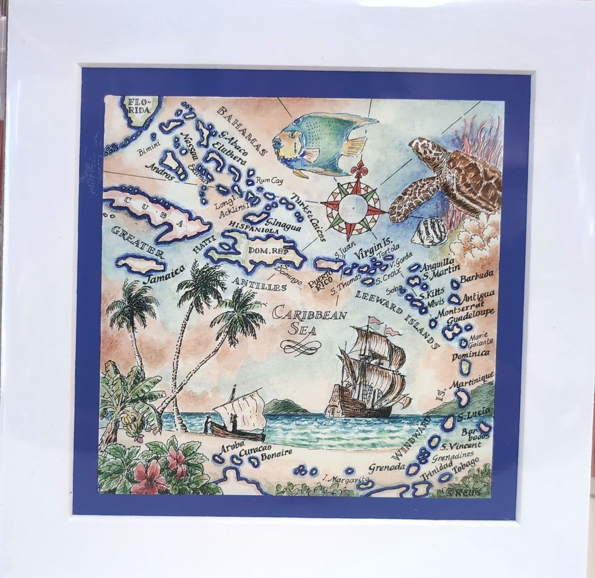 8x8" West Indies Illustrated Map Matted Print by Roger Ellis ...